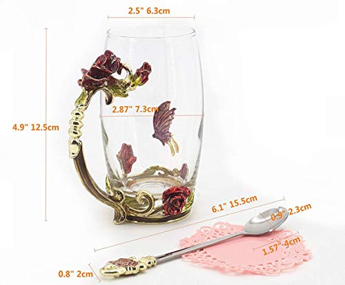 Guon-Wuvl Handicraft Crystal Glass 3D Flower Cups Tea Mug With Tea Spoon Women Coffee, Tea, Juice, Beer, Milk Hot And Cold Drinks Use Gift Package. (Rose Red Coffee Cup, 12 OZ)