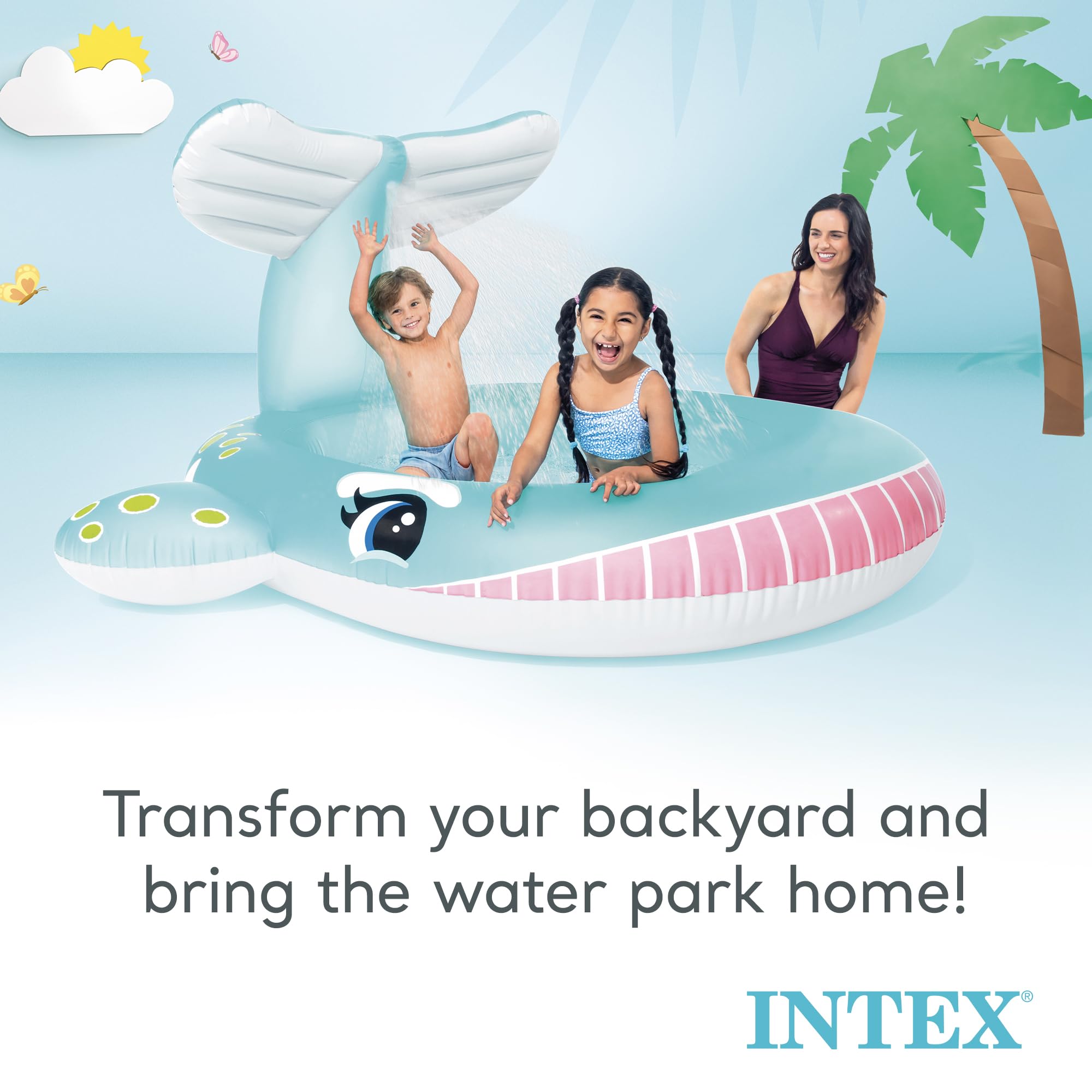 Intex Inflatable Whale Kiddie Pool: Built-in Water Sprayer – Convienient Drain Plug – Durable Vinyl – 79" x 77" x 36" – Ages 3+