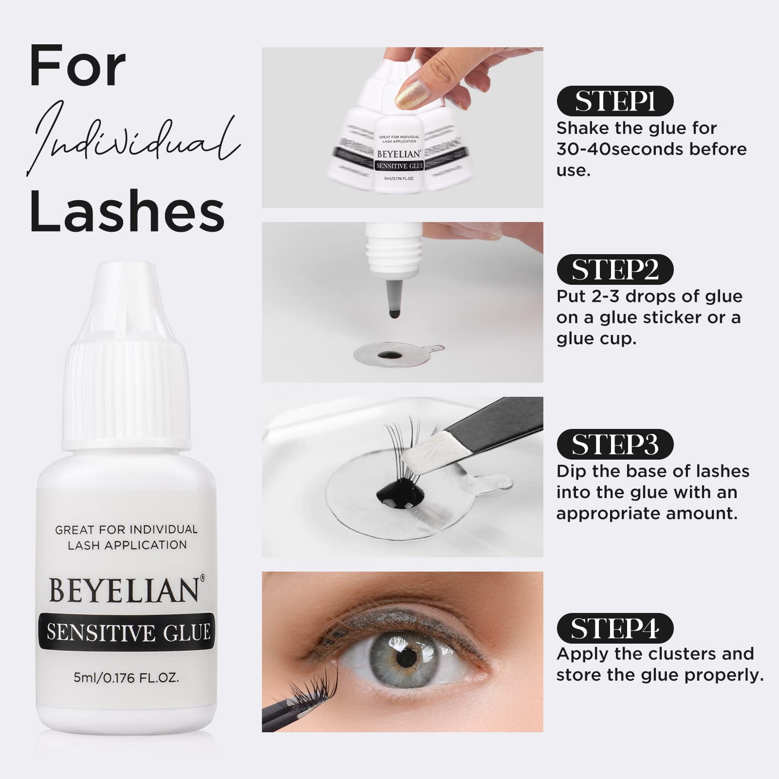 BEYELIAN Individual Lash Glue, DIY Lash Clusters Glue, 3-4 Sec Drying Time Eyelash Extension Adhesive for Professional and Self Use Individual Cluster Lashes, No Irritation, Black 5ml