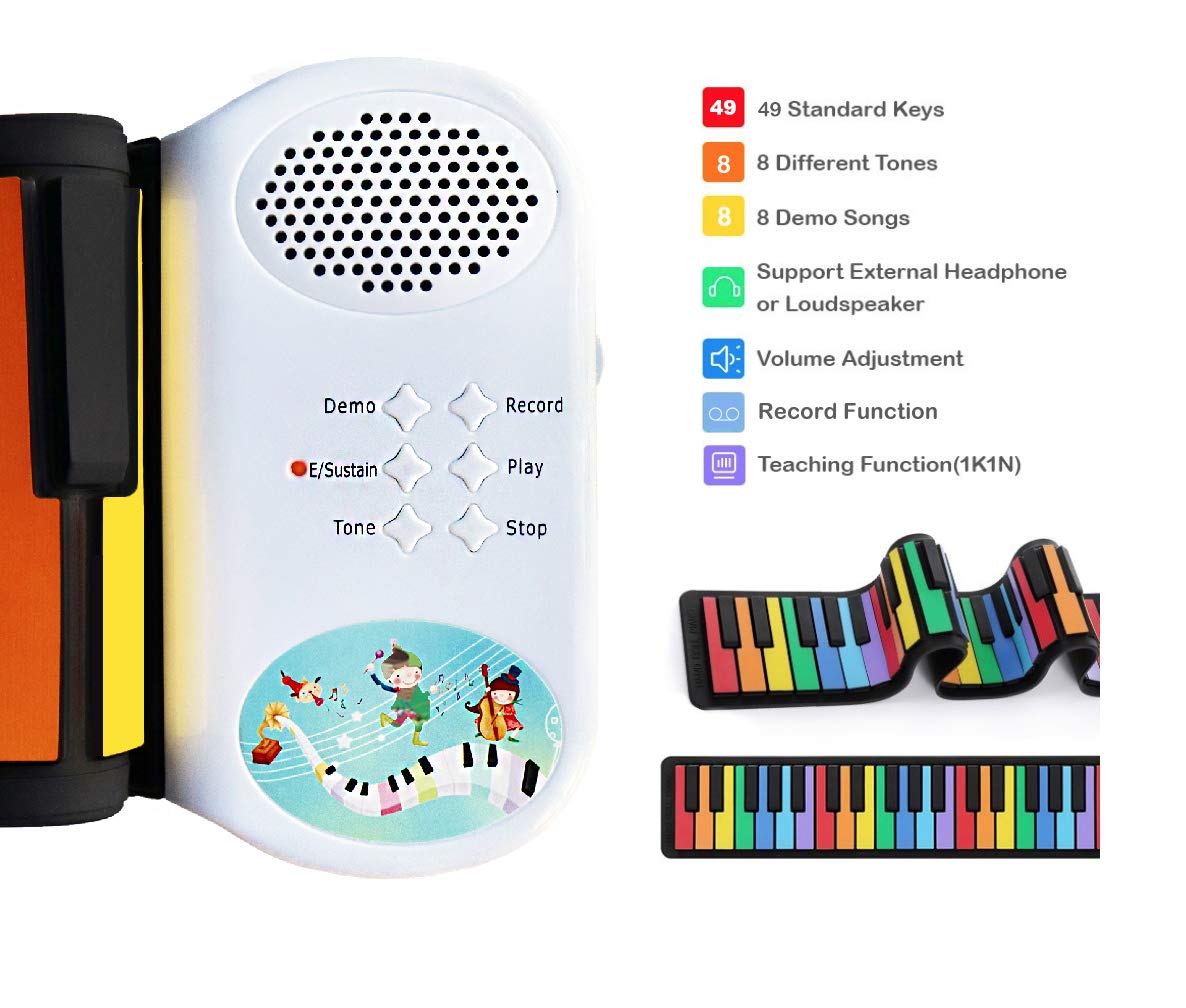 iLearnMusic Roll Up Piano | Portable Keyboard Piano | Hand Roll Electric Piano Keyboard | Premium Silicone & Built-In Speakers (88 Keys, White)