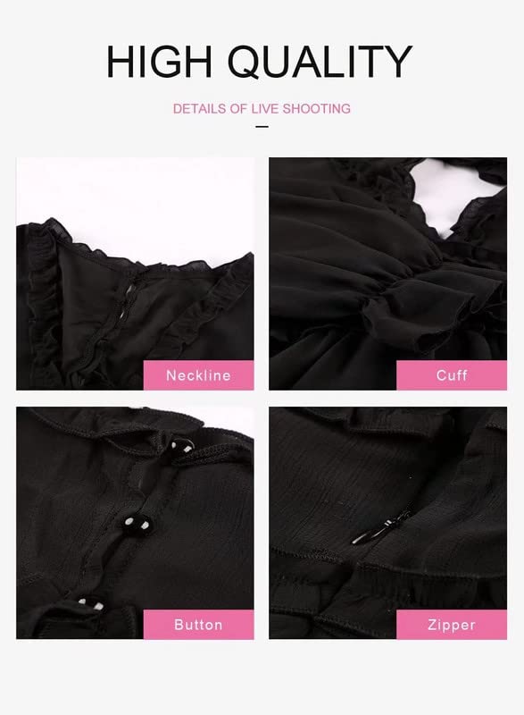 Dokotoo Womens Cute Spring Summer Casual Sexy Deep V Neck Ruffle Chiffon Lantern Long Sleeve Elegant Boho Hawaiian Flowy Mini Short Skirt Dresses for Women Party 2023 Black Small