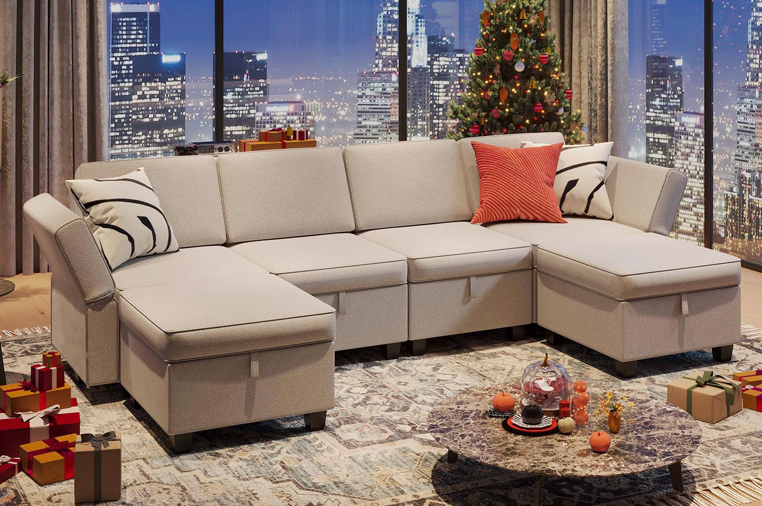 VOWNER Convertible Modular Sectional Sofa Sleeper Couch U Shaped Modular Sofa with Storage Seat, 6 Seat Sectionals Couch Grey