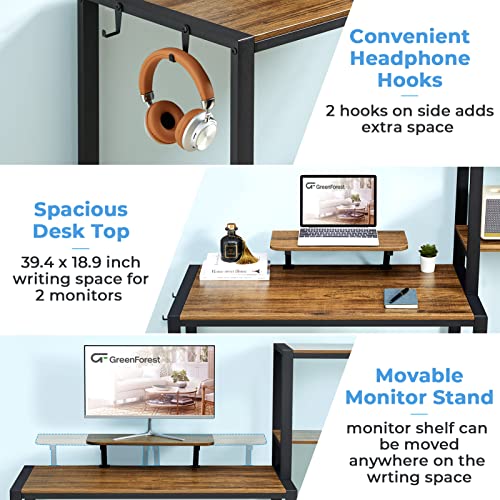 GreenForest Computer Desk 59 inch with Storage Printer Shelf Reversible Home Office Desk with Movable Monitor Stand and 2 Headphone Hooks for Study Writing PC Gaming Working, Walnut