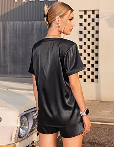 Ekouaer Womens Satin Sleepwear 2 Piece Pajamas Silk Pjs Short Sleeve Top and Loose Shorts Nightwear with drawstring Black