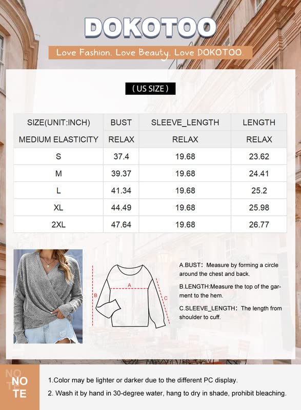 Dokotoo Womens Sweaters Winter Fall Cute Deep V Neck Wrap Chunky Cable Knit Short Fuzzy Pullover Crop Sweater Long Sleeve Jumper Tops Soft Comfy Apricot Large