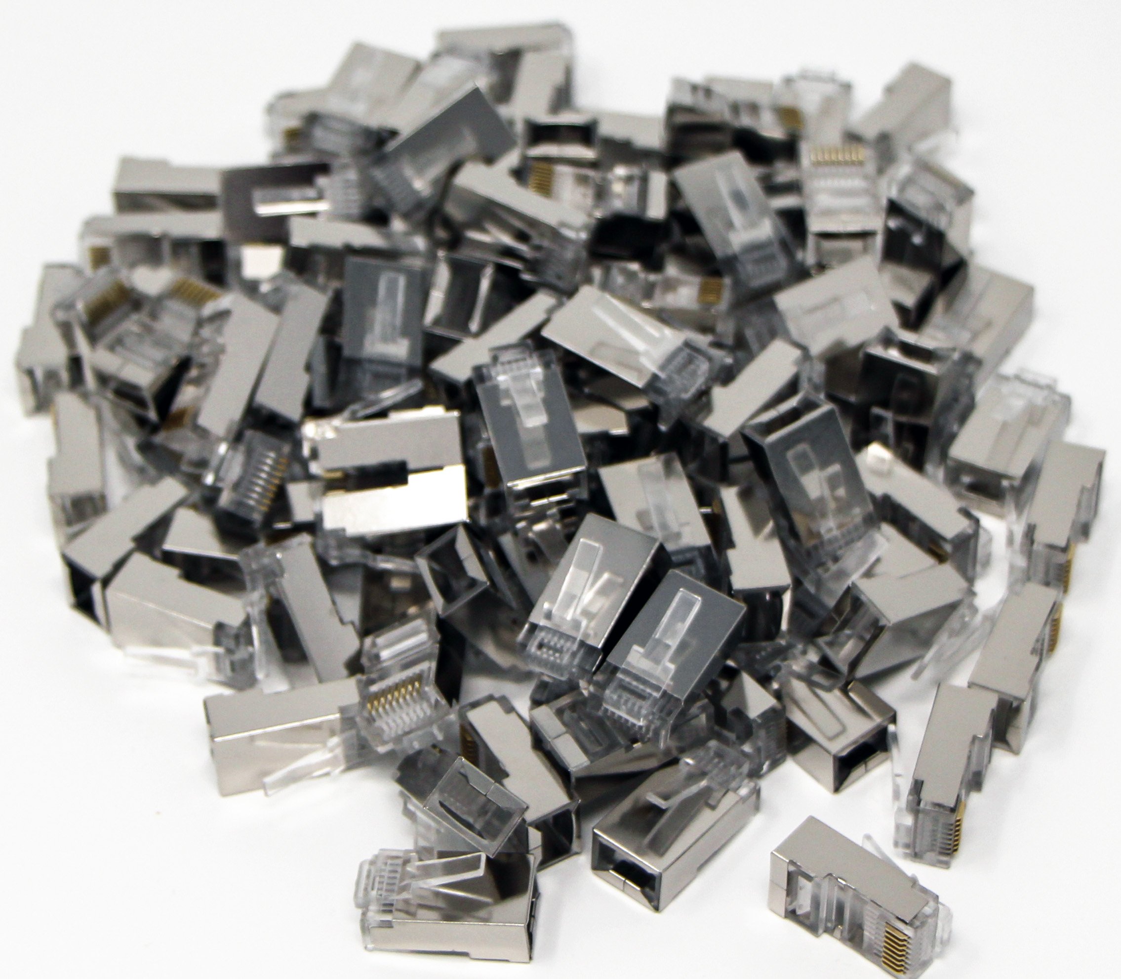 Tupavco TP807 Shielded CAT6 RJ45 Crimp Connector (100 Pack Bag) 8P8C STP Ethernet Network Cable Plug Crimp Jack, Metalic