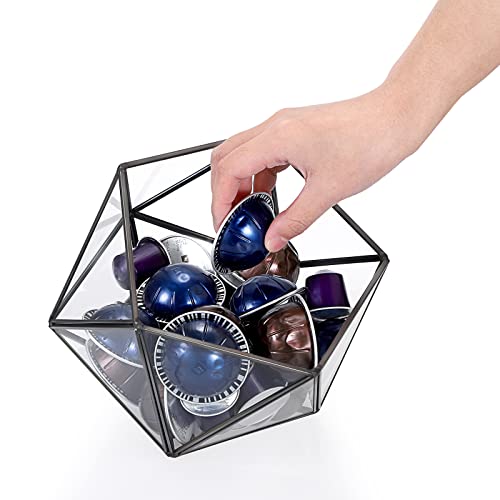 ELLDOO Black Glass Coffee Pods Holder, 15 Sided Geometric Box Coffee Pod Organizer for K Cup Espresso, Tea Bags Sugar Packets Coffee Capsule Storage Holder for Kitchen Coffee Bar Office Desktop Counter