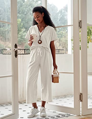 Ekouaer Womens Short Sleeve Top Wide Leg Pants Sleepwear Cotton Linen Loungewear Pajama Set, White, Medium