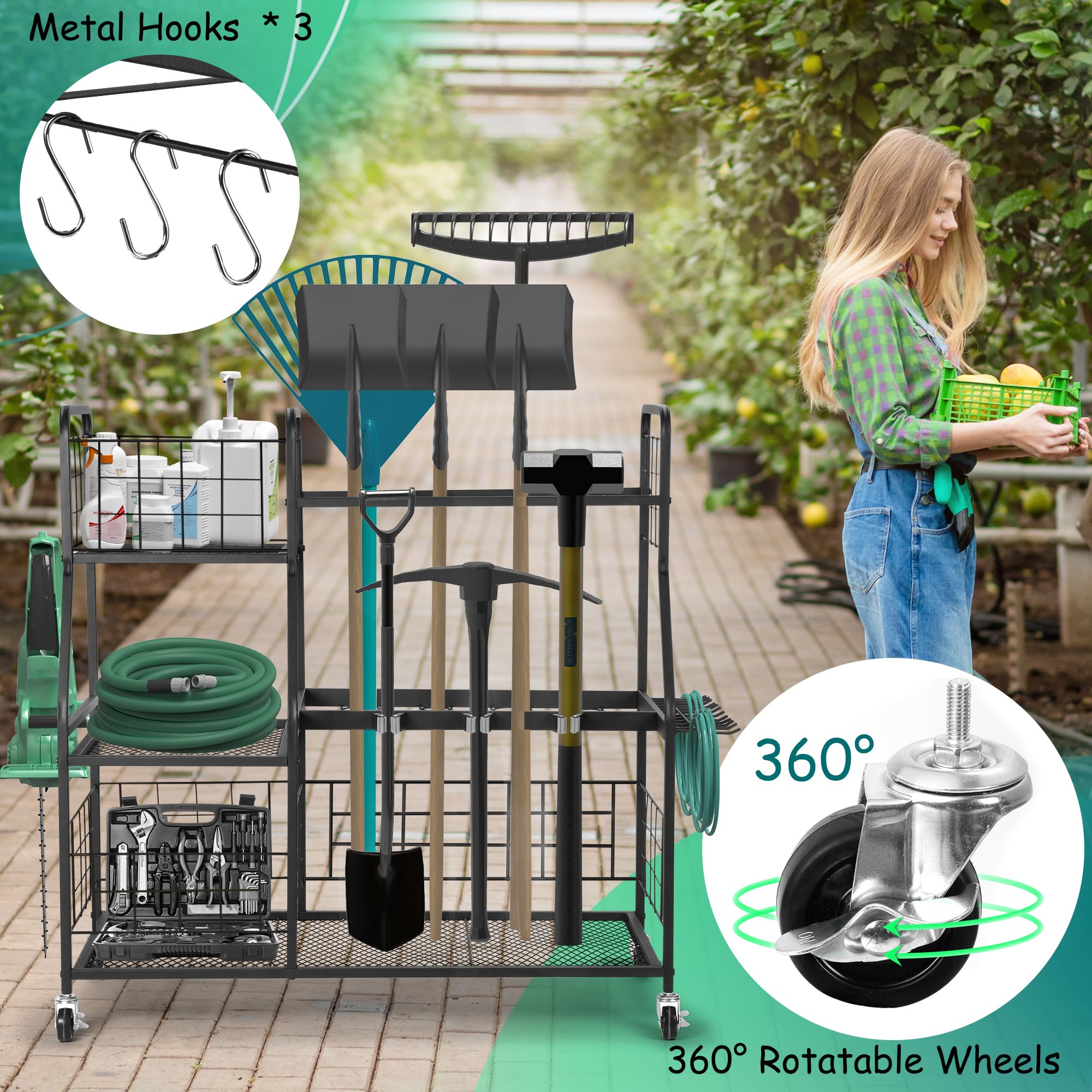 Rengue Garden Tool Organizer, 3 Tier Utility Yard Tool Organizer with Wheels, Large Garden Tool Storage Rack with Extra Storage Basket for Shed/Garage/Garden/Yard/Lawn