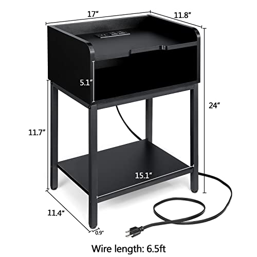 farexon Nightstand with Charging Station and USB Ports,Nightstand with Storage Drawer and Shelf, Small Bedside Table,End Table Night Stand for Bedroom(1 PCS, Black)