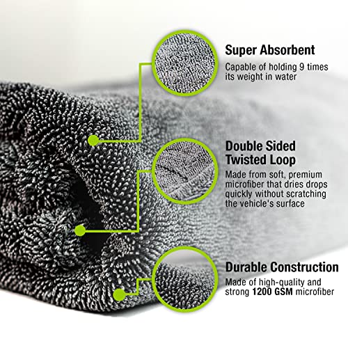ExoForma Mega Car Drying Towel from No Streaks, Scratches, or Water Spots - Large Premium 1200 GSM Microfiber - Double Twist Pile & Edgeless Design for 1 Quick & Effortless Dry - 24” x 36”