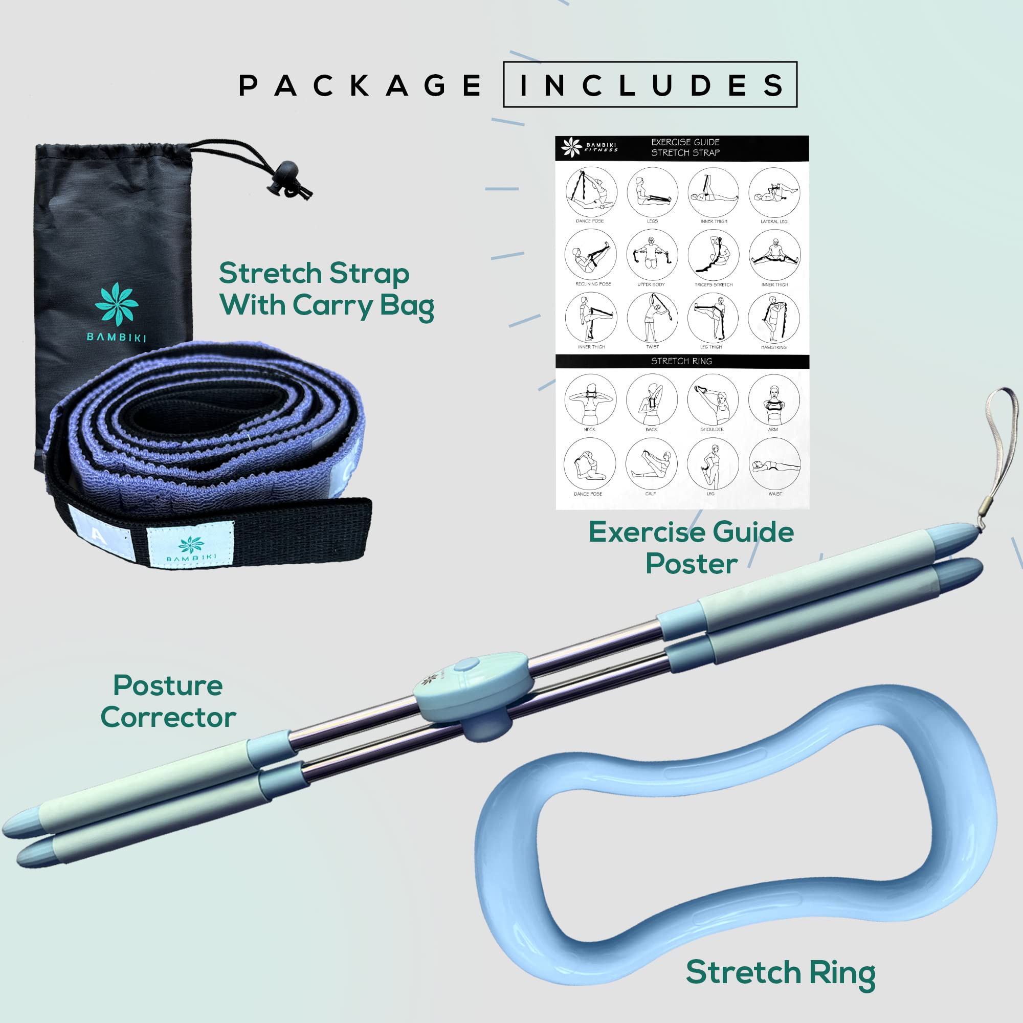 BAMBIKI Stretch Set of 3– Posture Corrector, Yoga Stick Stretching Tool – Stretching Ring – Stretch Strap with Carry Bag– Perfect for Yoga, Pilates and Physical Therapy (Blue)