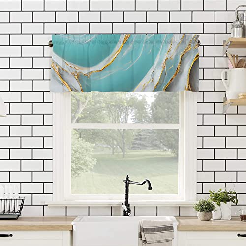 Marble Auqa Valance Curtains for Living Room/Bedroom/Bathroom/Kitchen Window,Rod Pocket Window Valance Tiers Small Window Curtain Drape Window Panel Treatment,Modern Abstract Gold White Art 1 Panel