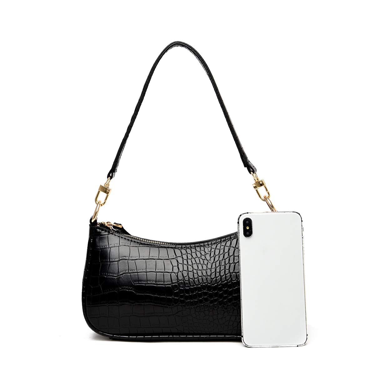 DOREAMALOE Retro Crocodile Purse Classic Clutch Shoulder Tote HandBag with Zipper Closure for Women (White-Pearl Chain)