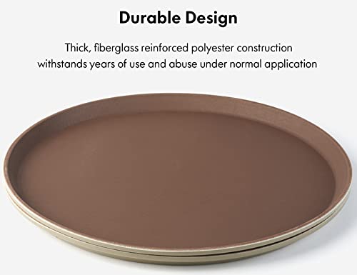 CURTA 2-Pack Restaurant Grade Non-Slip Tray, NSF, 16 Inch, Plastic Rubber Lined Anti-Skid Round Serving Tray, Brown
