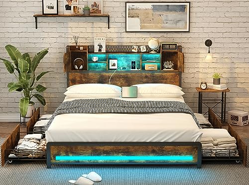 Full Size LED Bed Frame with Storage Headboard & 4 Drawers, Platform Metal Bed Frame with Outlets and USB Ports, Full Bed Frame with LED Lights and 2 Storage Door, No Box Spring Needed, Vintage Brown