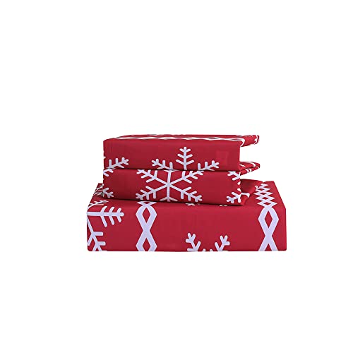 Dykoos Christmas Soft Brushed Microfiber Duvet Cover Set, Holiday Themed Snowflakes, Red and White, Queen Size with Zipper Closure, 1 Duvet Cover and 2 Pillow Shams