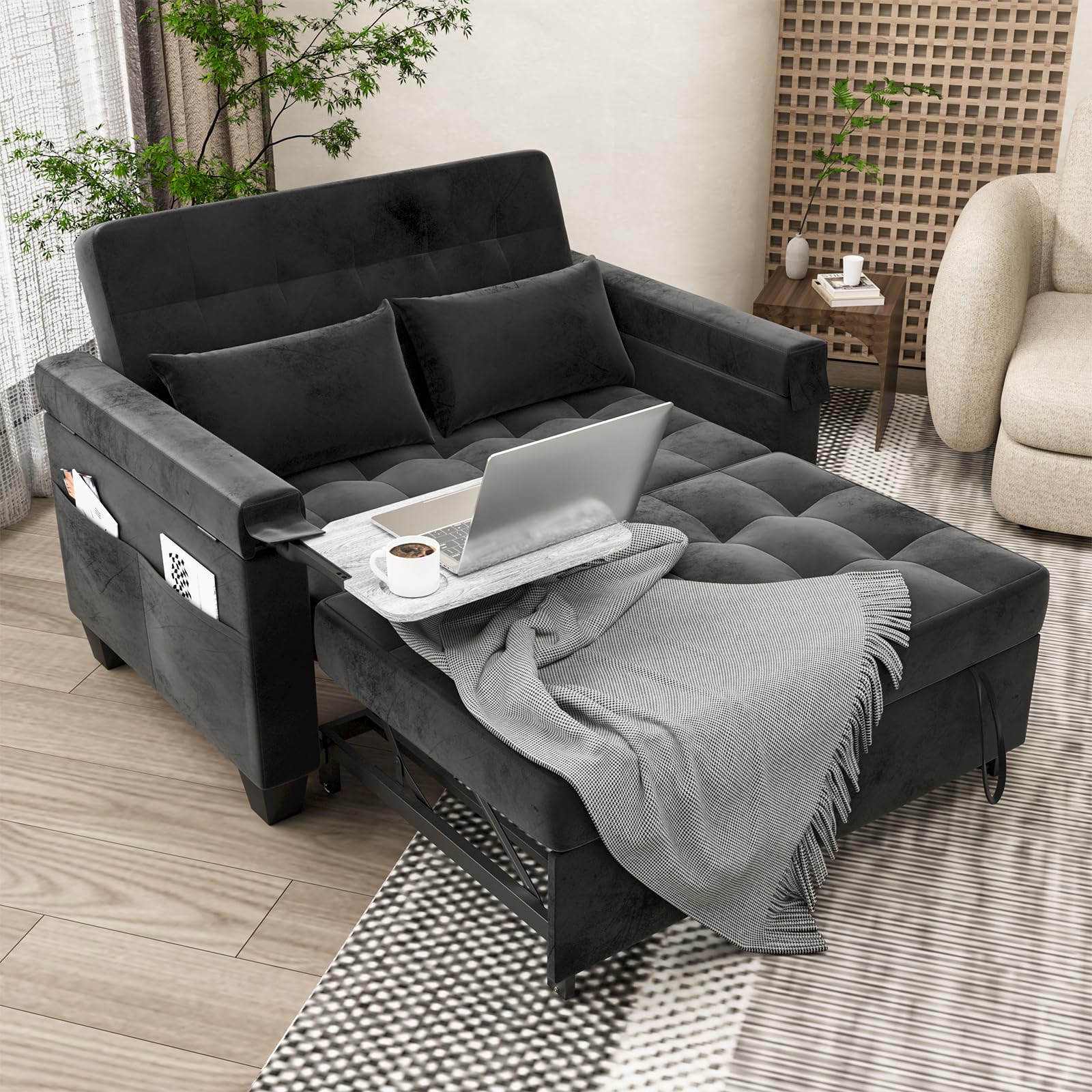 Buenhomino 86.6″ Modern Sofa Couch, Loveseat Linen Fabric Sofa, Comfy Couches Deep Seat Sofa with USB Charging Ports, Phone Cup Holder & Side Storage Pockets for Living Room Apartment, Beige