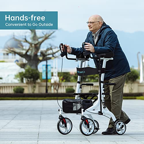 ELENKER Upright Rollator Walker, Stand Up Rollator Walker with Shock Absorber, 10β Front Wheels and Carrying Pouch, Suitable for Outdoor, White