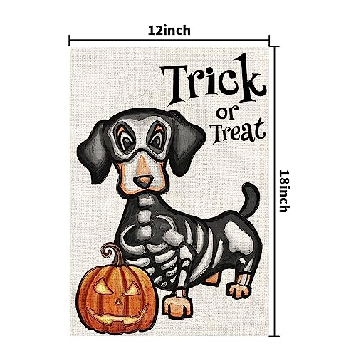 Halloween Trick or Treat Garden Flag Ghost Dog 12x18 Inch Small Double Sided Burlap Welcome Yard Dachshund Skeleton Outside Decorations DF342