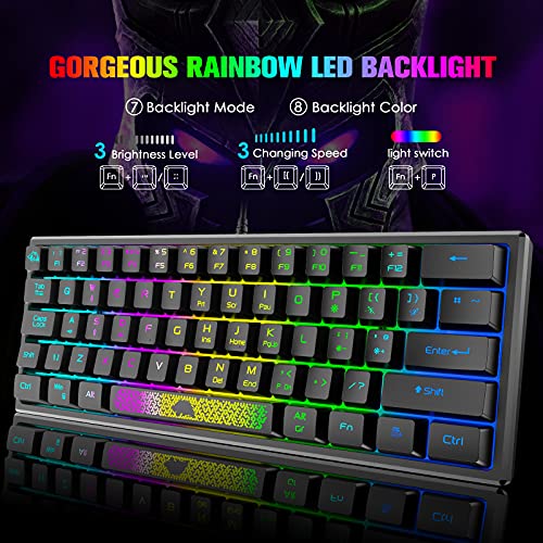 Gaming Keyboard and Mouse Combo Mini Portable with Chroma RGB Backlit Ergonomic 62Key Layout 19Key Anti-ghosting Mechanical Feel 3200DPI Honeycomb Mice USB Wired for PC Mac Gamer Laptop Typists(Black)