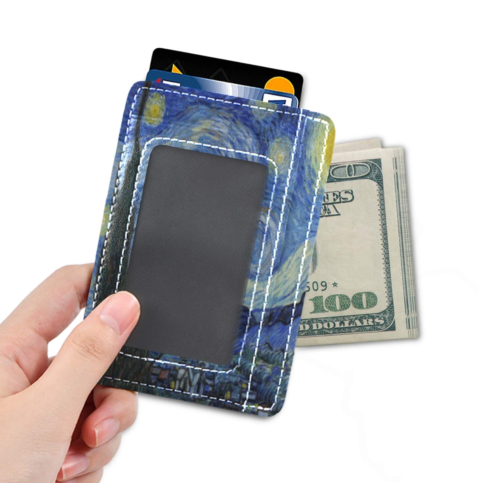 Linomo Thin leather Card Holder and Money Clip Van Gogh Starry Night Art Painting Wallet RFID Blocking for Men & Women