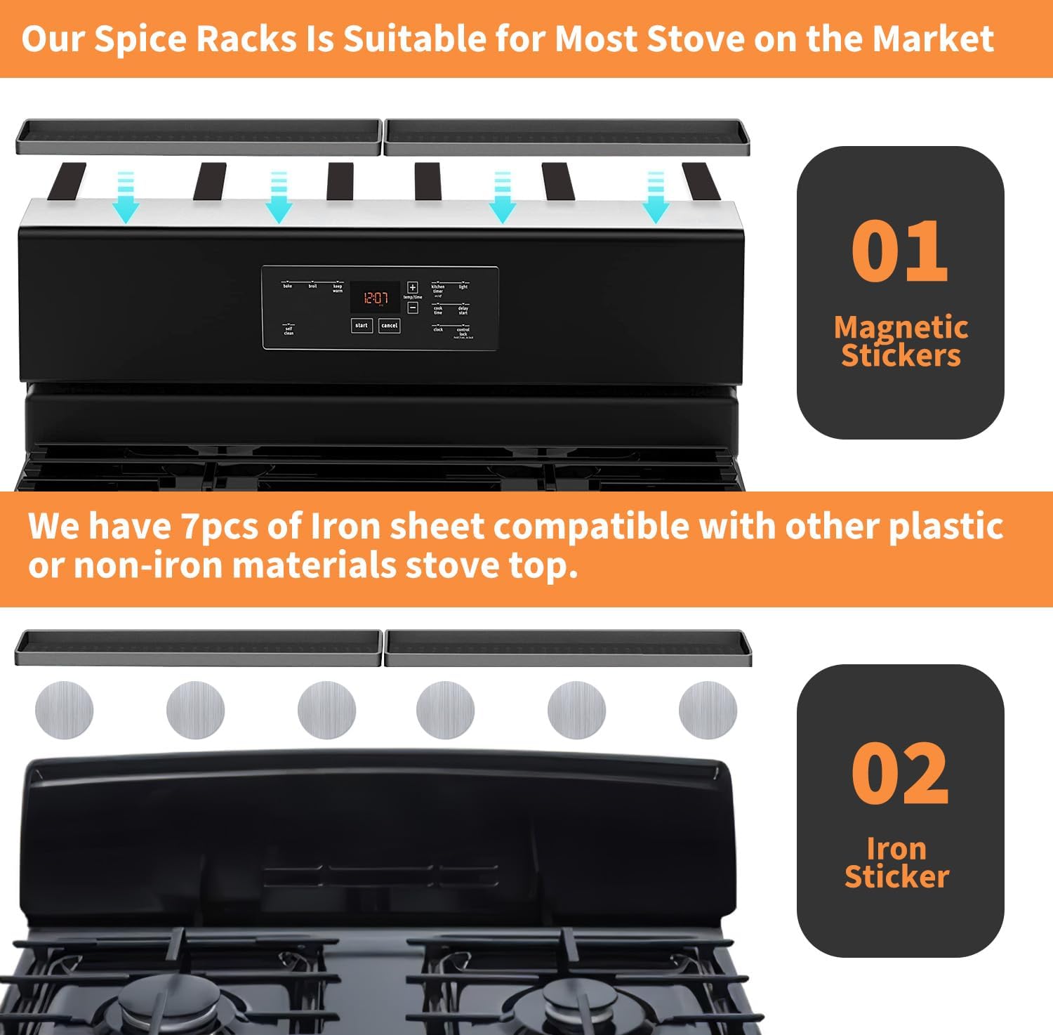 BFONS 30" Magnetic Stove Top Shelf Spice Rack Storage, Silicone Top Heat Material Stove Rack Shelf Flexible Seasoning Organizer Kitchen Shelves Gadgets with 2 Functional Prtitions for Kitchen (Grey)