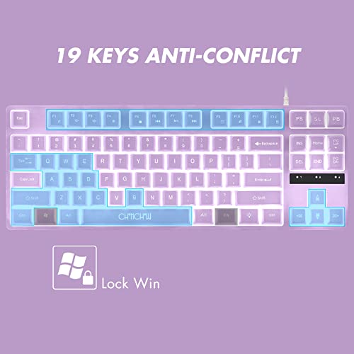Gaming Keyboard and Mouse Purple Keyboard with White Backlit,CHONCNHOW 87keys LED Keyboard and Mic 3600DPI Wired 19-Keys No Conflict for Windows/Mac/Games(PurpleI,lluminated Key)