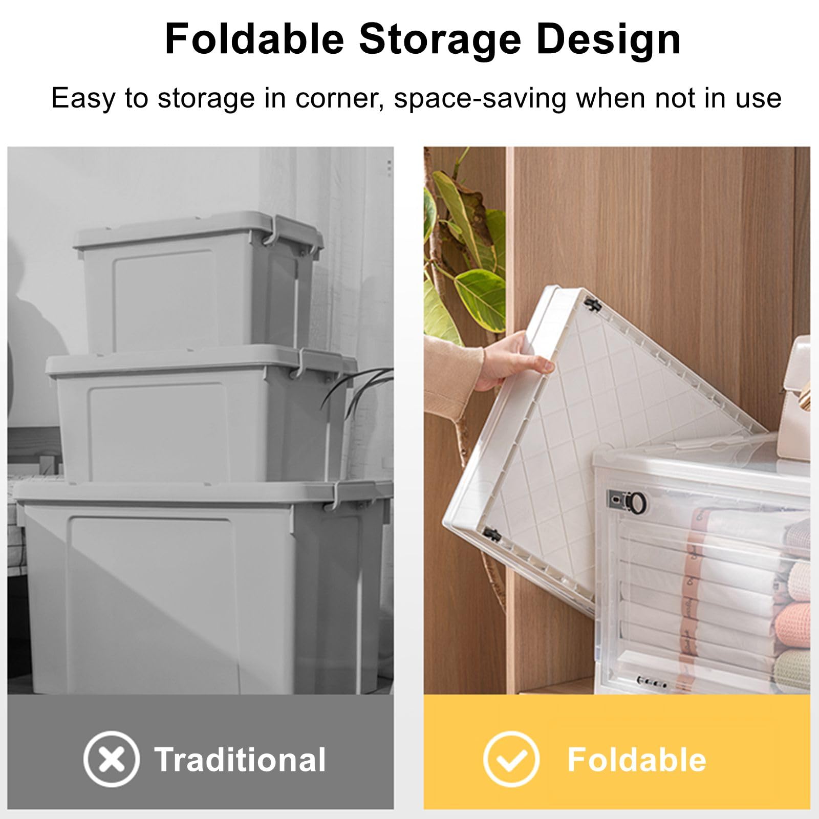 Collapsible Storage Bins with Lids, 50QT Stackable Closet Organizer, 3 Pack Foldable Storage Box with Front and Back Open Doors, Clear Bins for Home, Dorm, Office, Trunk, Wardrobe