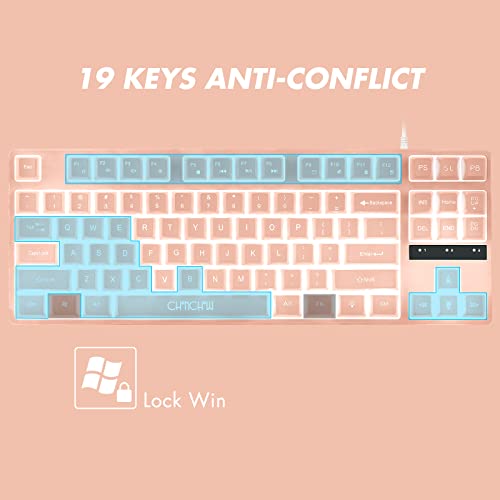 Gaming Keyboard and Mouse Pink Keyboard with White Backlit,CHONCHOW USB Wired 87key Gaming Keyboard Mini and Mouse 3600DPI,19 Keys No-Conflict, Illuminated Keys Compatible with PC/Ps4,Ps5/Xbox/Mac