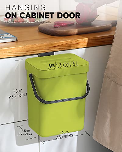 Compost Bin for Kitchen Countertop - MONGTINGLU 5L/1.3 Gal Hanging Small Trash Can with Lid, Kichen Under Sink Trash Can, Wall Mount Indoor Compost Bucket with Lid(Lime Green)
