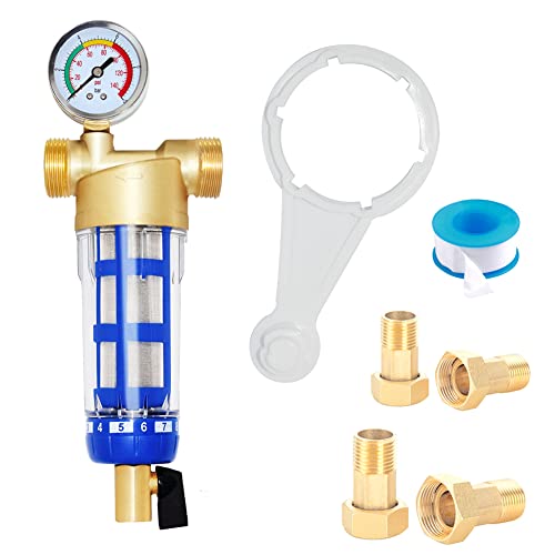 Beduan Reusable Spin Down Sediment Water Filter for Whole House Prefilter System Protector,1"Male Thread,3/4"Male & Female Thread,1/2"Male Thread (50 Micron & Pressure Gauge)