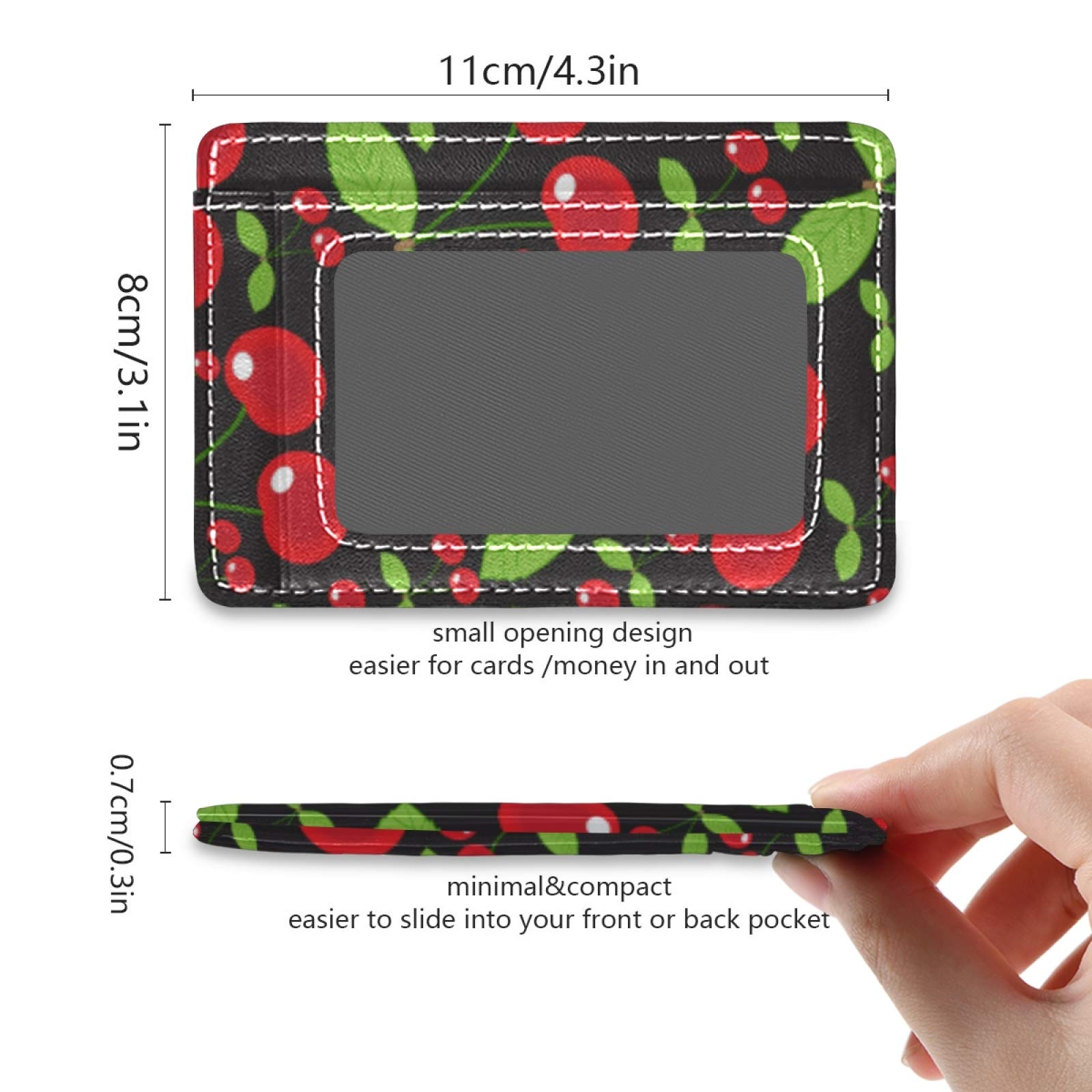 Linomo Thin leather Card Holder and Money Clip Red Cherry Pattern Wallet RFID Blocking for Men & Women