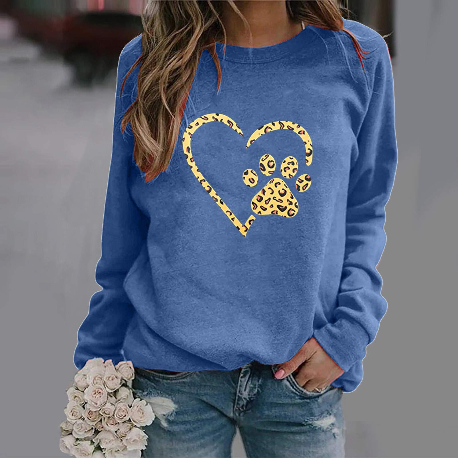 Dosoop Womens Dog Paw Print Heart Graphic Shirts Long Sleeve Dog Mom Tunic Tops Casual Sweatshirts Blouse Pullover