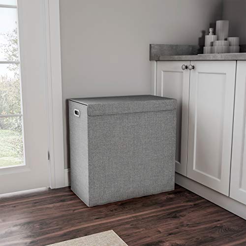 Double Laundry Basket with Lid – Two-Sided Clothes Hamper with Removable Mesh Liner Bags – Collapsible Clothing Organizer by Lavish Home (Gray)
