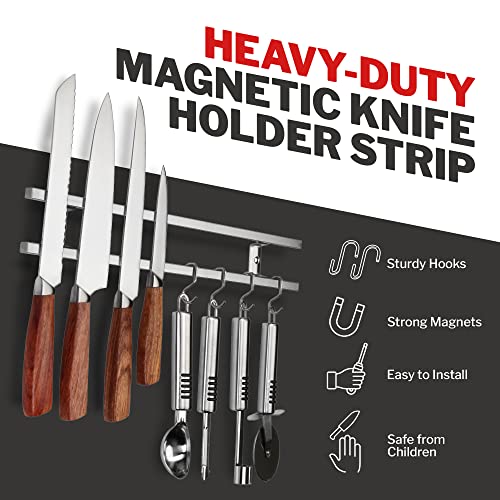 Magnetic Knife Holder, Stainless Steel 18-Inch Magnetic Knife Rack with 6 Removable Hooks, Ergonomic Tool Magnet Bar and Knife Strip with Installation Hardware β Any Kitchen Stuff