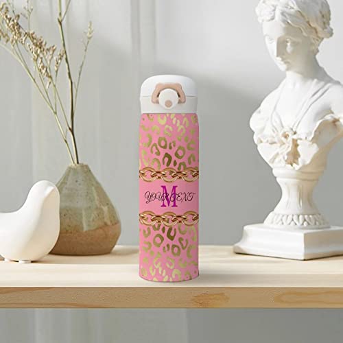Custom Pink Gold Leopard Water Bottle Personalized Name Text Stainless Steel Sport Water Bottle Customized Double Wall Vacuum Insulated Cup Gift for Kids Women Men