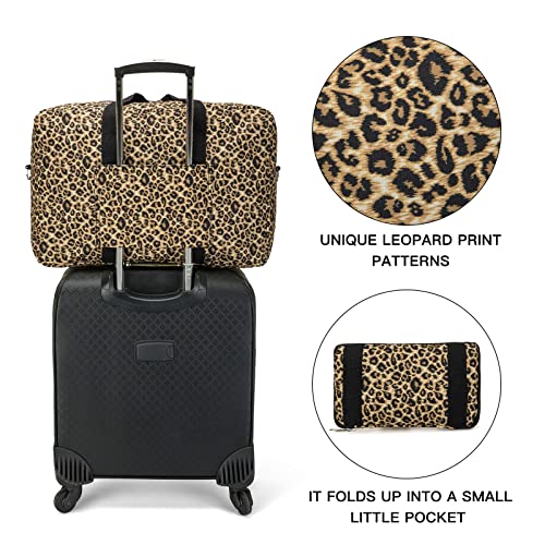 EXYANGEE Foldable Travel Duffel Bag, Medium Women's Weekender and Overnight bag carry on Luggage bag for Women and Girl(leopard)