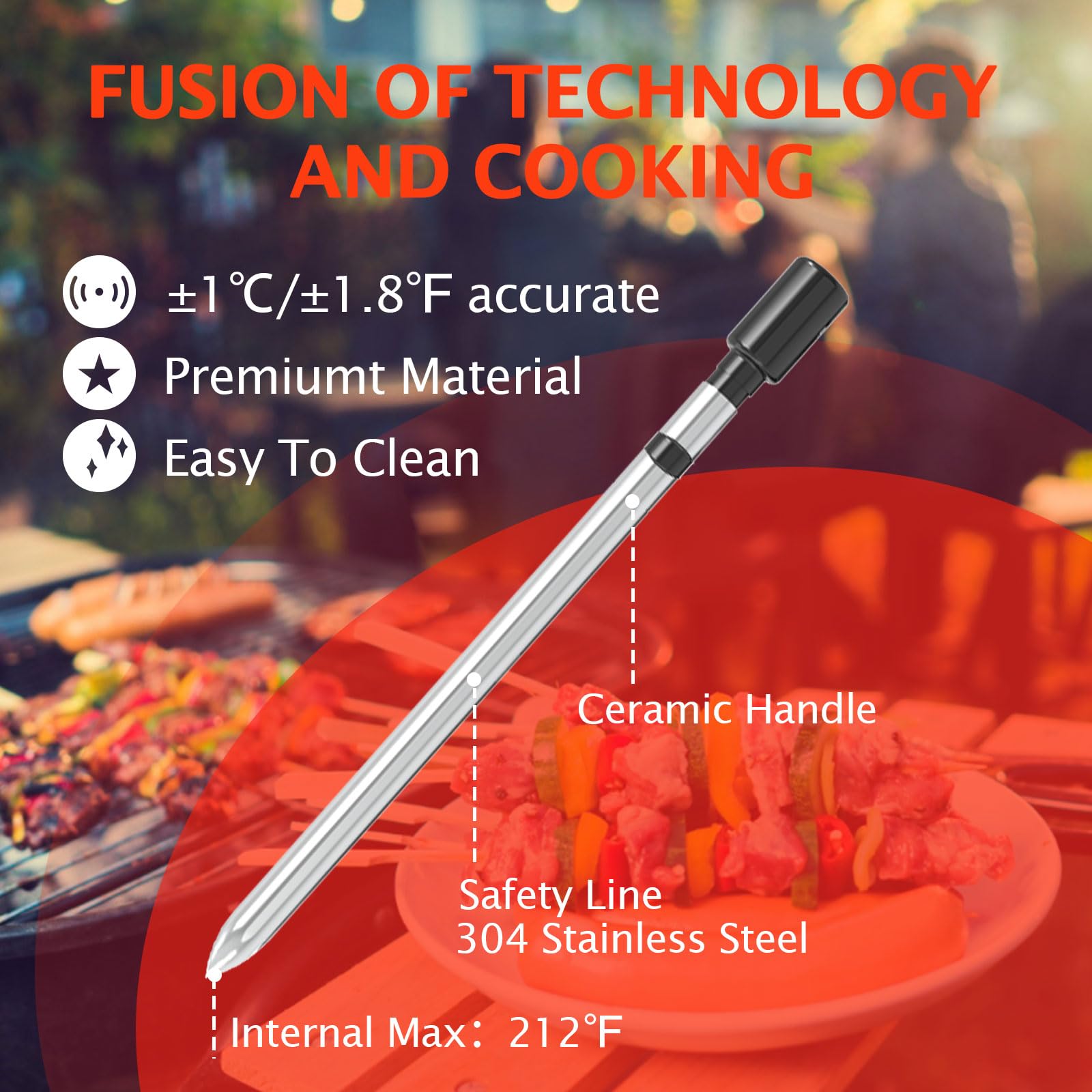 BHY Wireless Meat Thermometer - Smart Digital Cooking Thermometer with 500Ft Remote Range Wireless Probe, Food Thermometer for BBQ Oven Grill, with iOS & Android App, LCD Ddisplay