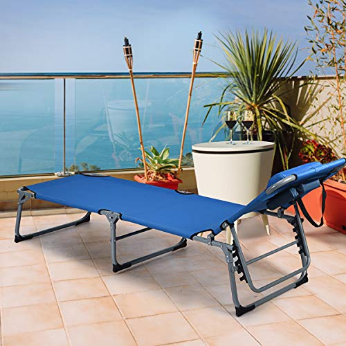 GYMAX Tanning Chair, Beach Lounge Chair with Face Hole, 5 Level Adjustable Backrest, Removable Pillow & Carry Handle, Adult Layout Sunbathing Chair for Outside Beach Poolside Lawn Patio (1, Blue)