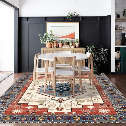 CHOSHOME Washable Rug - 5x7 Vintage Medallion Area Rugs with Non-Slip Backing Soft Stain Resistant Non-Shedding Low-Pile Floor Carpet Mat for Living Room Bedroom Kitchen Home Office,Red