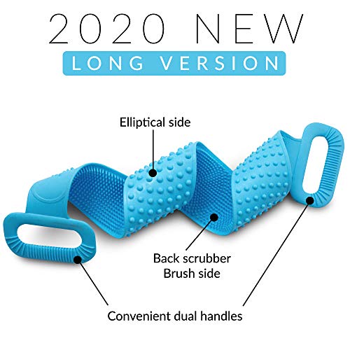 Exfoliating Back Scrubber, Silicone Body & Back Scrubbing Brush for Acne Sweat Blackheads, Double Sided Cleaning Shower Strap, Silicone Scrubber Belt for Bath & Shower, Extra Long Length 30” (Blue)