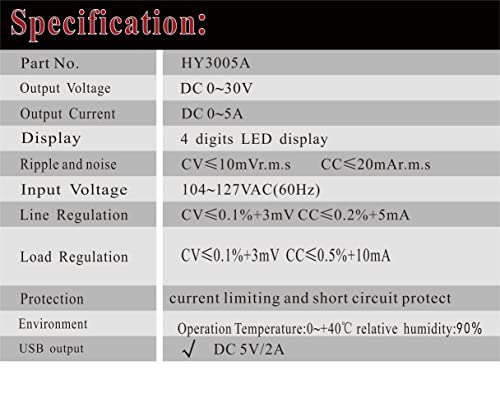 DC Power Supply Variable 30V 5A, Hyelec Switching Power Supply with 5V 2A USB Output, Adjustable Regulated Power Supply with 4-Digits LED Power Display, Alligator Leads Including,110V Input Voltage