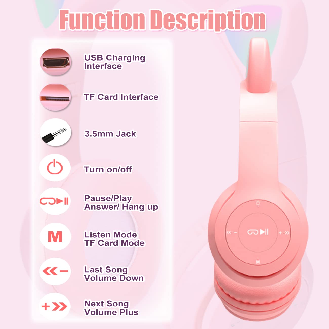 Wireless Cat Ear Headphone, Kids Headphones with Mic&LED Light Up Cat, 85dB Safe Volume Limited, Foldable Kitty Headpones for Online Learning, School, Travel, Tablet, Smartphone - Support 3.5mm Audio