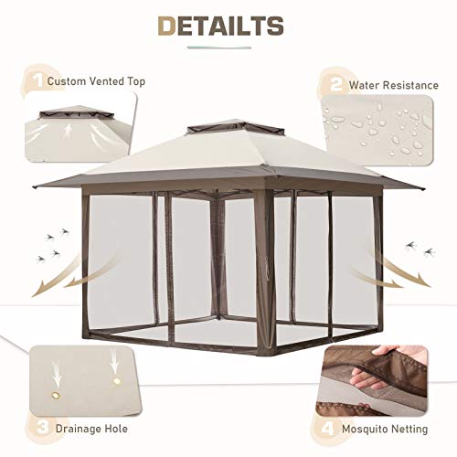 EAGLE PEAK 13x13 Pop-Up Gazebo Tent Instant w/Mosquito Netting,Outdoor Gazebo Canopy Easy Set-up Folding Shelter (Beige/Brown)