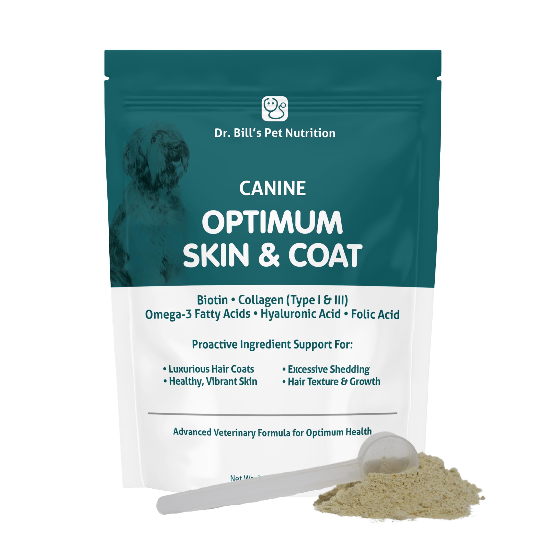 Dr. Bill’s Canine Optimum Skin & Coat (680g) – Fish Oil Omega-3 Fatty Acids Dog Supplement with Biotin, Type I & III Marine Collagen, Hyaluronic Acid & Folic Acid