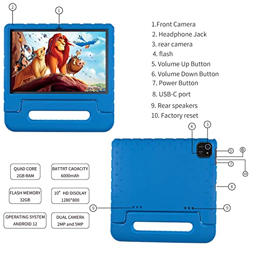 JREN Kids Tablet, 10" Tablet pc,IPS HD Display 1280 X 800,1080p, Ram 4GB and 64GB Storage, Bluetooth, Wi-Fi,Kidoz Pre-Installed, Dual Cameras,Color Blue