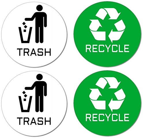 Recycle & Trash Stickers (2 Trash + 2 Recycle, Premium Quality) for Use on Trash Cans & Recycle Bins of All Types; 4" Round with Adhesive on Back (2 White Trash + 2 Green Recycle)