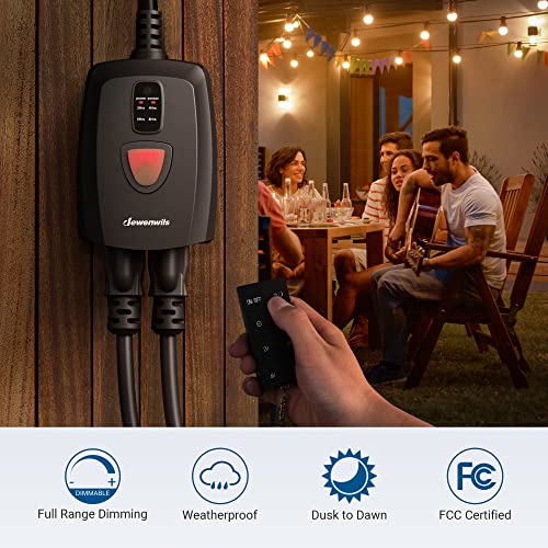 DEWENWILS Dusk to Dawn Dimmer, Outdoor Dimmer for String Light with Remote Dimmer Switch, 100FT Range, Compatible with Dimmable LED/Tungsten Bulbs, FCC Certified