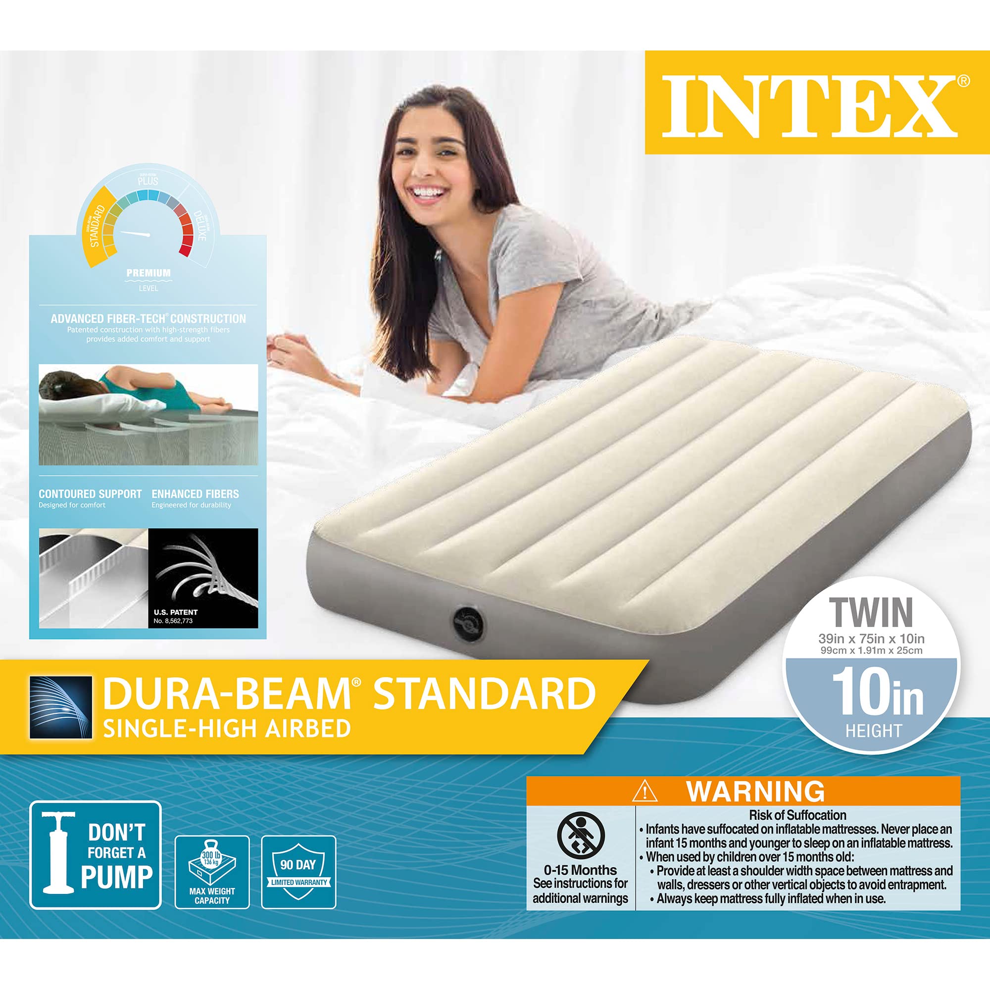 Intex 64101E Dura-Beam Standard Single-High Air Mattress: Fiber-Tech β Twin Size β 10in Bed Height β 300lb Weight Capacity β Pump Sold Separately